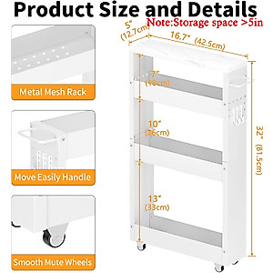 XYZLVSI Slim Storage Cart, 5 in Width, 4-Tier White Rolling Cart with Handle & Wooden Top for Kitchen Bathroom Laundry Narrow Places