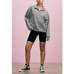 Fixmatti Women Oversized Zip Up Sweatshirts Half Zipper Long Sleeve Drop Shoulder V Neck Pullover Tops Light Grey M