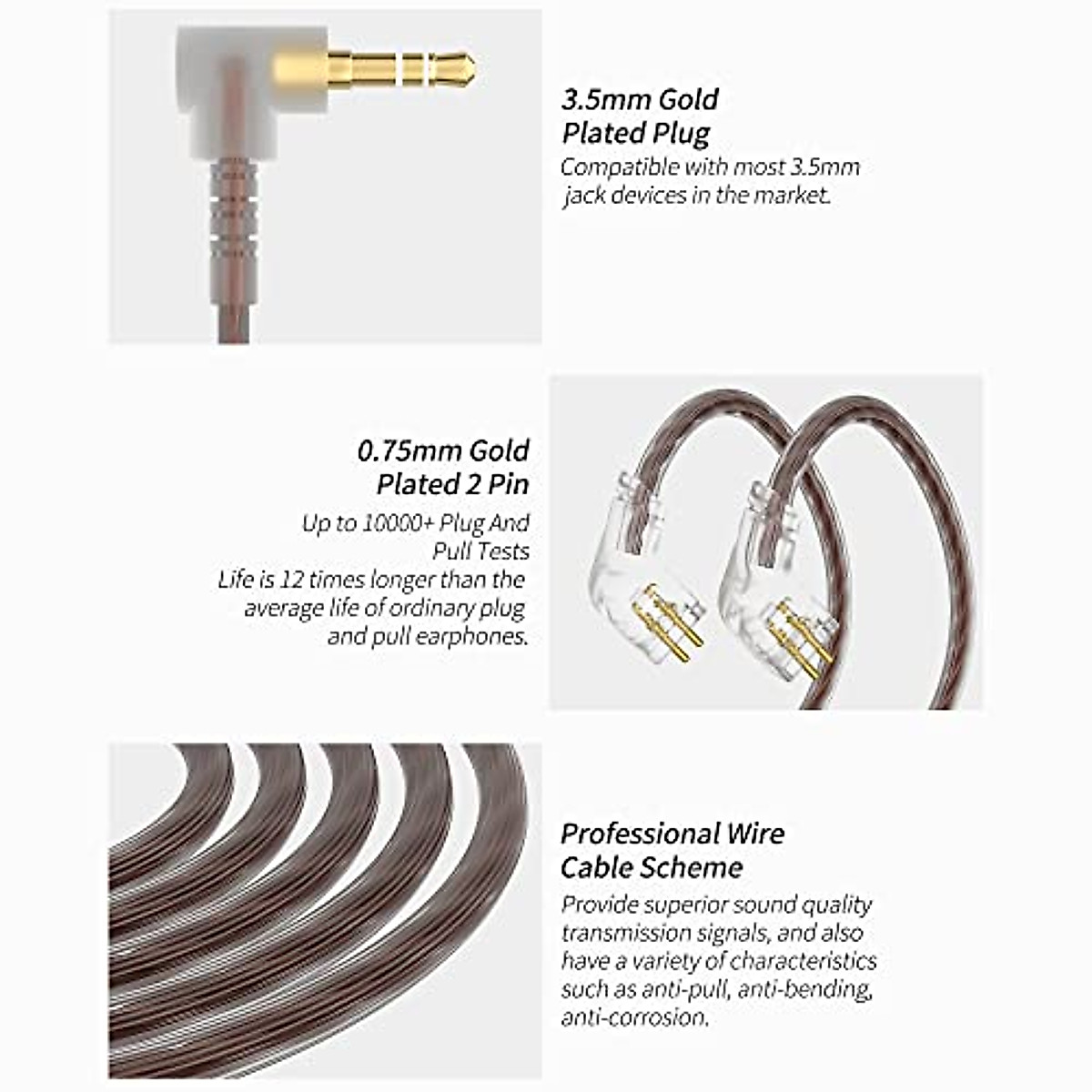 CCA C10 Five Drivers Hybrid in Ear Monitors in Each Side，HiFi 4BA 1DD High Resolution Earphones/Earbuds with 3.5mm Gold Plated Plug Detachable Cable 2pin 0.75mm Wired Earbuds(Black Without mic)