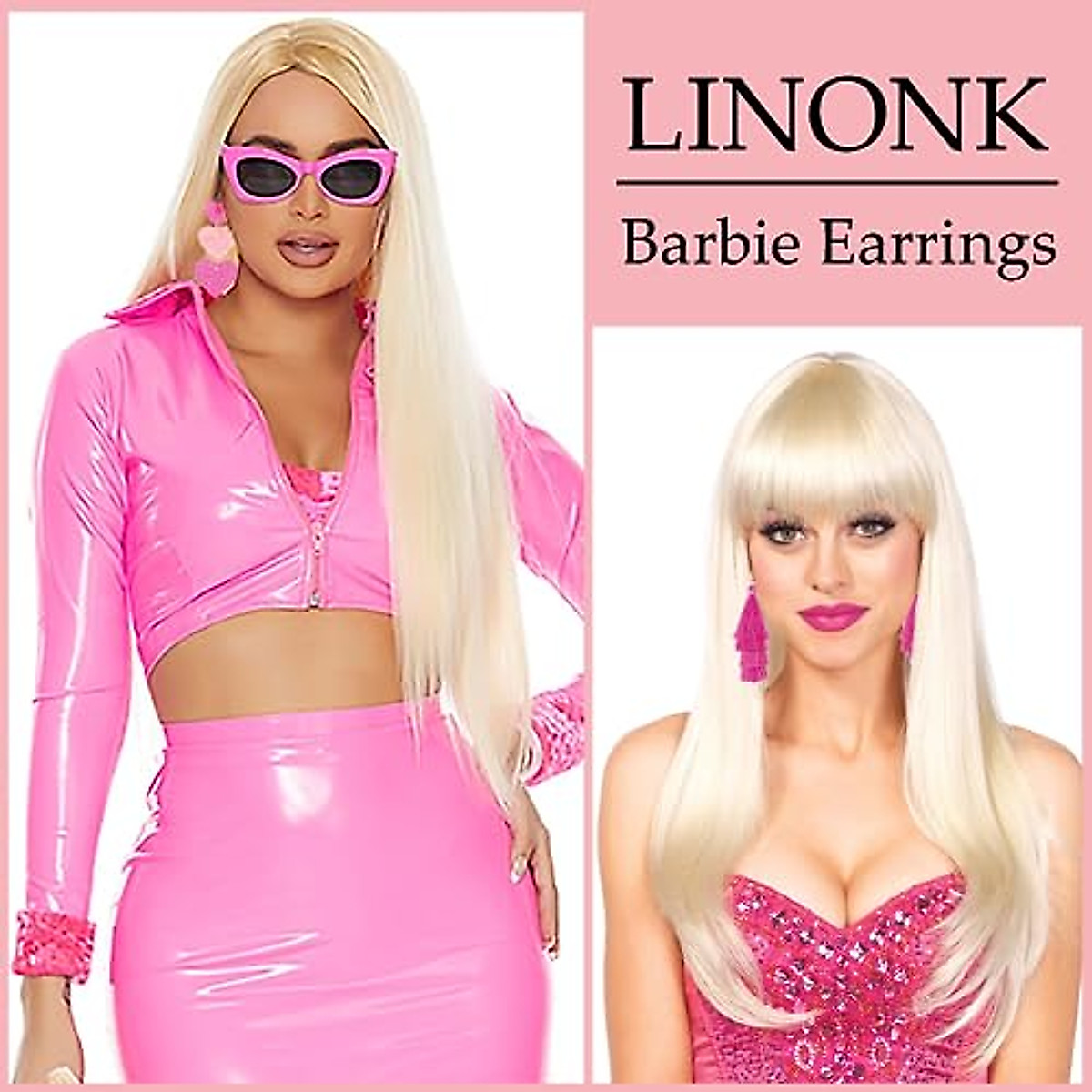 LINONKEY 4 Pcs Barbie Pink Heart Earrings Set Hot Pink Earrings for Women Lover Earrings Pink Heart Dangle Earrings Tassel Earrings for Women Lightweight Barbie Earrings for Women (4 pcs)