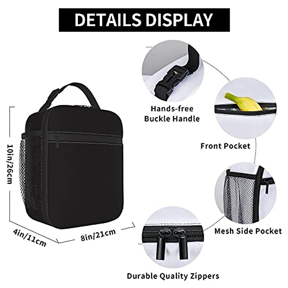 MDMEI Black Lunch Box Insulated Tote Lunch Bag for Adult Women Men Teen Boys Kids, Reusable Durable Freezable Thermal Cooler Bag for School Work Hiking Travel Picnic