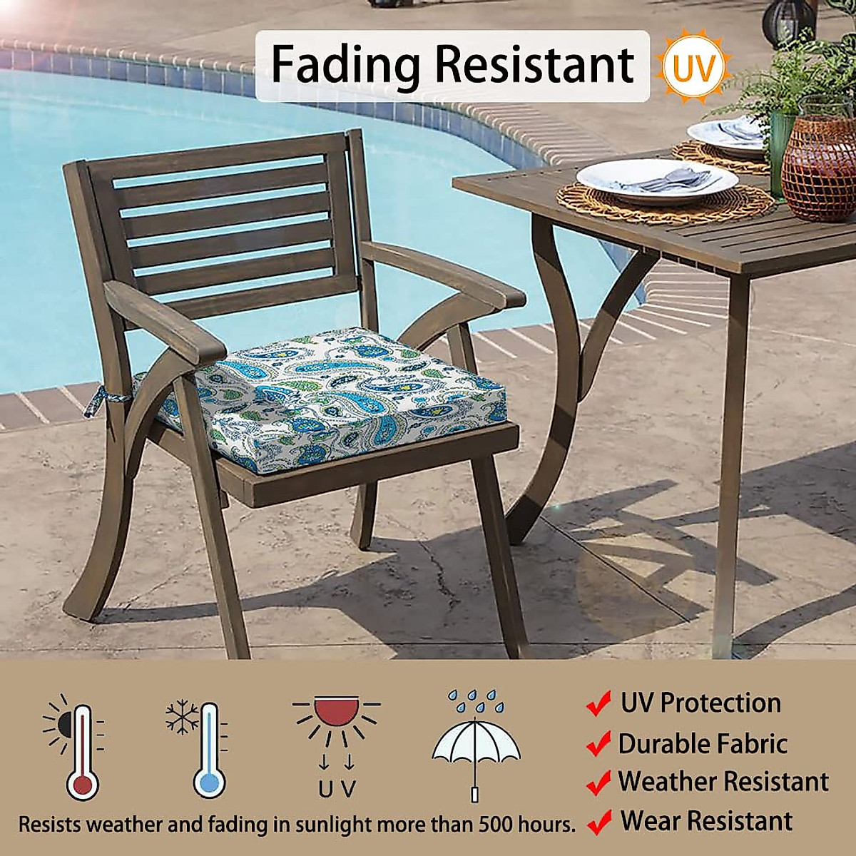 Magpie Fabrics Indoor Outdoor Waterproof Square Chair Cushion, 18" x 18" x 2.5", 2 Pack, Water Resistant Seat Cushions, for Patio Garden Office, Paisley Blue