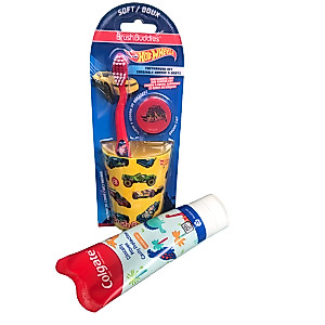 Kids Soft Bristles Toothbrush Set,Cap, Rinsing Cup Decorated with Race Cars, Easy to Grip, Kids Toothpaste (Bonus Included)