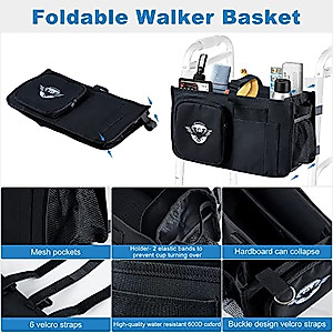 Walker Basket, Monotakou Walker Bag Water Cup Holder, Foldable Walker Storage Bag with Big Capacity & Never Tipping Over, Ideal Gift for Family and Friends - Black (for 2 Wheeled Rollator Walkers)