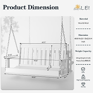 SUNLEI Patio Porch Swing, 2-Seated Bench Swing with Hanging Chains and Cozy Armrests, 45in Wooden Hanging Swing Chair for Outdoor Garden Courtyard, White