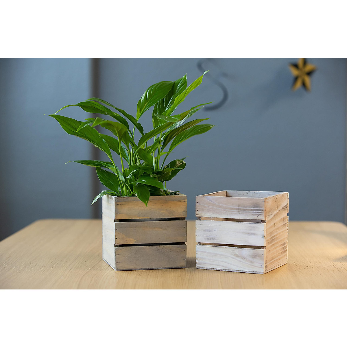 Wood Planter Box with Wine Crate Styled, 5 Inch Square, Rustic Barn Wood, Plastic Liner, Wedding Flowers Holder, Home and Venue Decor, (5x5 Wine Crate Set of 4)