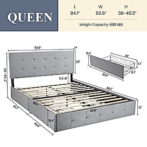 Allewie Upholstered Queen Size Platform Bed Frame with 4 Storage Drawers and Headboard, Square Stitched Button Tufted Mattress Foundation with Wooden Slats Support, No Box Spring Needed, Light Grey