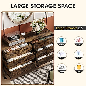 Fameill 59'' Farmhouse 6 Drawers Dresser, Wide Wood Dresser TV Stand, Storage Cabinet with Metal Handles and Generous Storage Space, Dresser for Bedroom, Closet, Hallway, Rustic Brown