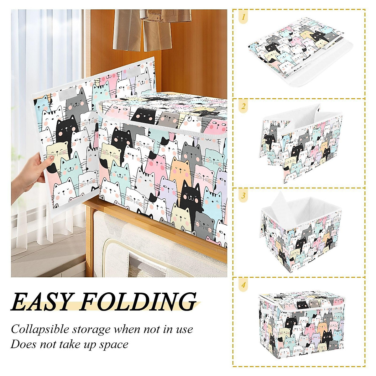 ALAZA Collapsible Large Storage Bin with Lid, Cute Cat Funny Face Foldable Storage Cube Box Organizer Basket with Handles, Toy Clothes Blanket Box for Shelves, Closet, Nursery, Playroom