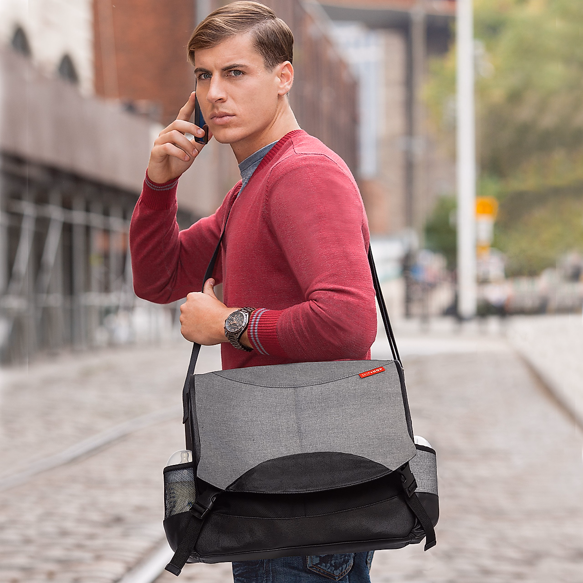 Skip Hop Baby All-in-One Swift Changing Station Messenger Diaper Bag, Heather Grey