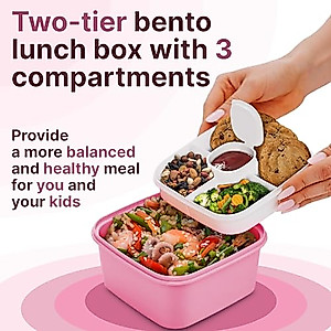 Earth&ME Bento Lunch Box For Adults Kids, 1100 Ml Bento Box Container With 2 Floors 3 Compartments, Leak-proof Sauce Container, Spork, Ideal Salad Container For Lunch For School, Office, Travel, Pink