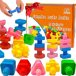 Jumbo Nuts and Bolts for Toddlers - 40 Pcs Screw Toys for Toddlers 1-3 - Occupational Therapy Toys with Storage Tote and Book - Shape Sorter Fine Motor Toys - Manipulatives for Preschoolers