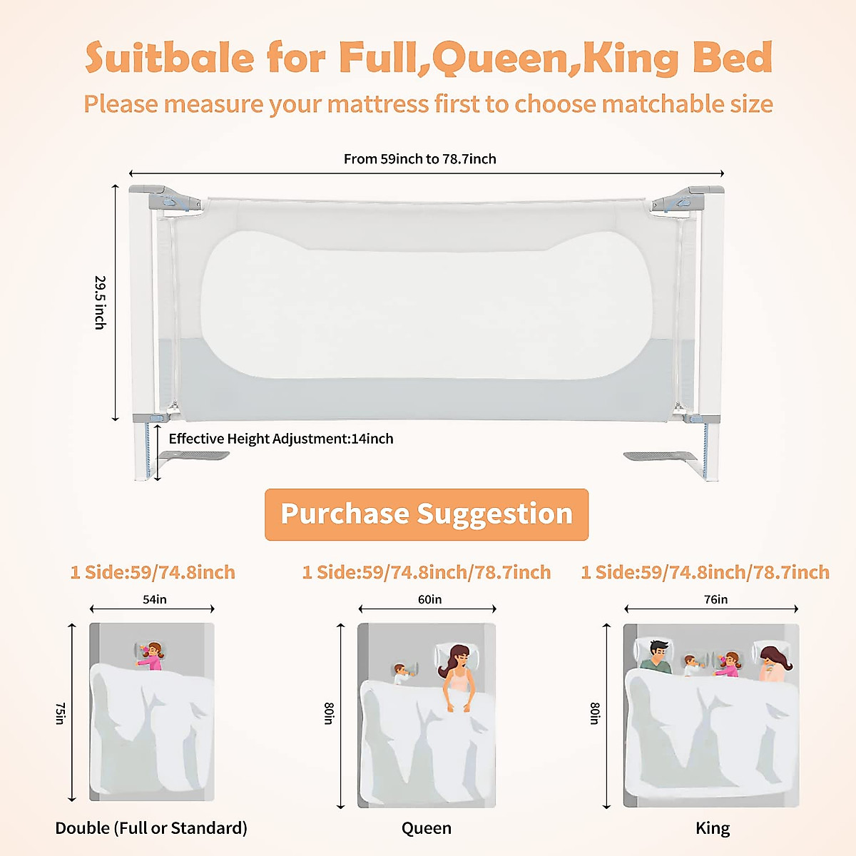 Letfonmo Bed Rail for Toddlers, 74.8" Baby Bed Rail Guard with Upgraded Durable Material, Sturdy Toddler Bed Rail No Gap, Easy to Install Bed Guard Rail for Queen King Twin Full Size Bed (1 Piece)