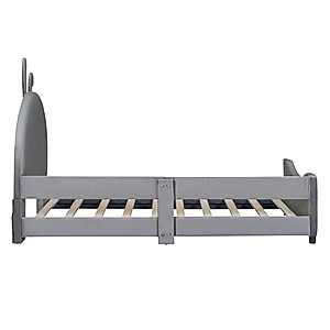 FANYHOME Twin Size Upholstered Daybed with Rabbit Ear Shaped Headboard, Modern Low Profile Bed with Sturdy Wooden Slats Support, Wooden Daybed Frame for Kids Boys Girls, No Box Spring Needed,Gray