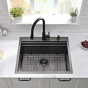 25 Black Drop In Kitchen Sink Workstation-Wesliv 25x22x10 Topmount Drop In Kitchen Sink Black Stainless Steel Sink Double Ledges Workstation Sink 16 Gauge Single Basin Kitchen Sink with Accessories
