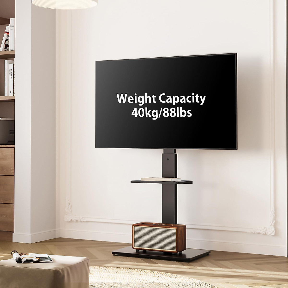 FITUEYES Swivel Floor TV Stand with Mount for TVs 37 43 50 55 60 65 70 75 Inch LCD LED Flat/Curved Screens Universal Swivel Televisions TV Mount Stand for Bedroom Living Room Black Tempered Glass Base