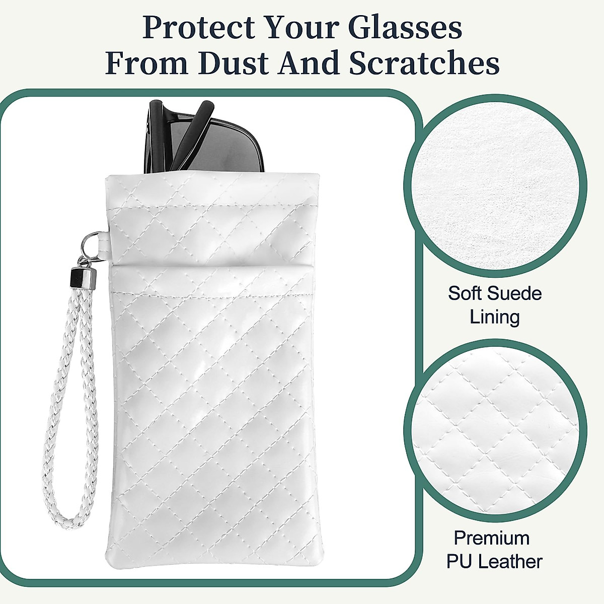 RayLove Double Eyeglass Case Glasses Case Soft with Carrying Strap Leather Eyeglasses Pouch Portable Sunglasses Case For Women Men White