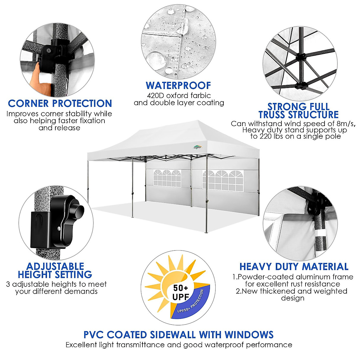 COBIZI 10x20 Canopy with Sidewalls, Heavy duty Party Tent Pop up carpas para fiestas, Tents for Parties, wedding, Outdoor Ez up Foldable Portable Canopy Tent with Wheeled Bag, White(Windproof Upgrade)