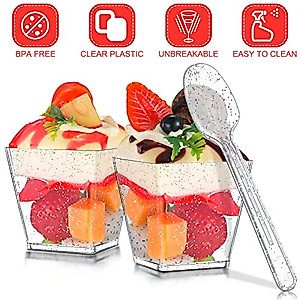 Meanplan 160 Pack 2oz Glitter Plastic Dessert Cups with Spoons 160 Disposable Square Plastic Dessert Cups and 160 Glitter Spoons for Party Dessert Appetizers (Silver)