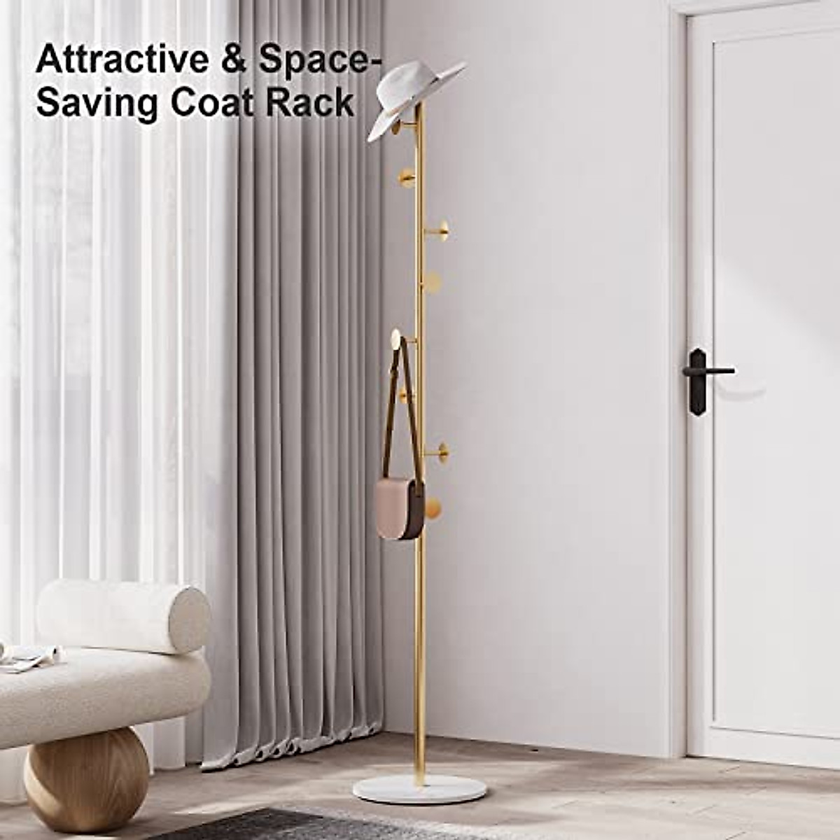 RRG Coat Rack Stand, Metal Coat Tree with Heavy Base 8 Welded Hooks Coat Stand for Entryway, Hall, Bedroom, Corner, Office 67” (Gold)