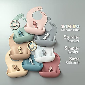 SAMiGO Baby Led Weaning Supplies - Silicone Baby Feeding Set - Suction Bowl Divided Plate Bib Cup Self Feeding Spoons - Toddler Baby Dish Set - First Stage Solid Food Eating Utensils - 6+ Months