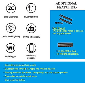 Nutan, 10-Inch Massaging Adjustable Bed Base with Wallhugger Technology, Zero Gravity, Head and Foot Incline, Pillow Tilt, USB Port, Wireless Remote, Split King, Grey