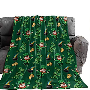 St. Patrick's Day Leprechaun Men Throw Blankets Irish Lucky Clovers Gold Coins and Rainbow Fuzzy Soft Bed Cover Bedspread Lightweight Luxury Blanket for Couch Sofa Chair 60x80In