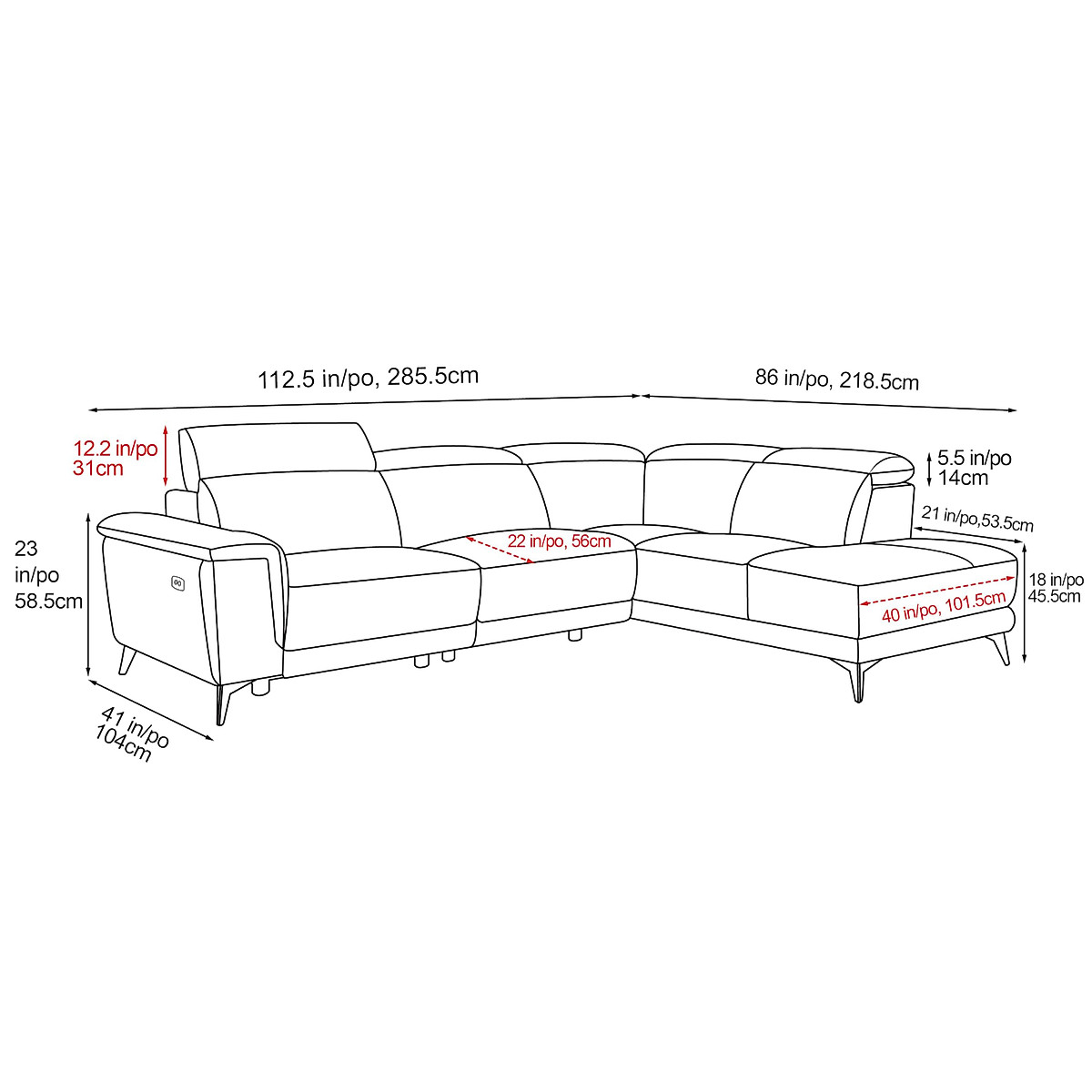 Valencia Pista Geniune Leather Reclining Sectional Sofa with Right Hand Chaise -| Power Recliner Chair, Nappa 11000 Leather | L Shaped Couch for Living Room Furniture, Cloudy Grey
