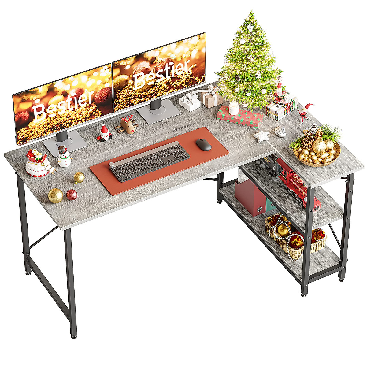 Bestier L Shaped Desk with Storage Shelves 55 Inch Corner Computer Desk Writing Study Table Workstation for Home Office, Wash Gray