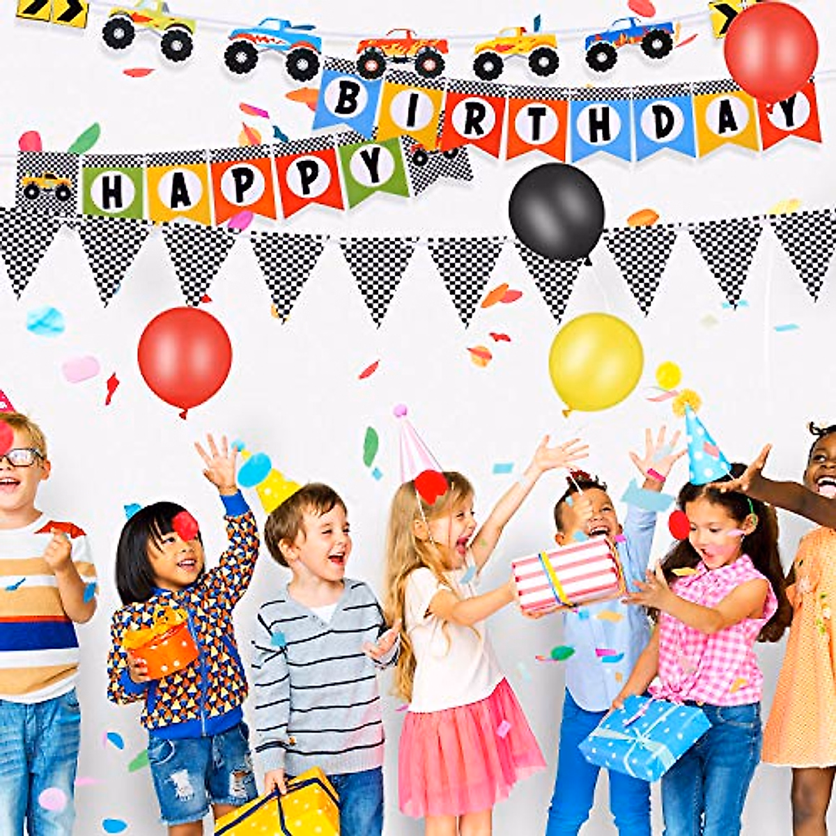 39 Piece Truck Birthday Party Supplies Happy Birthday Banner Truck Banner Triangle Bunting Flags Pom Poms Flowers Hanging Swirls Truck Shape Balloons Multicolor Balloons Cupcake Topper