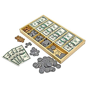 Melissa & Doug Turn and Tell Clock & Play Money Set - Educational Toy with Paper Bills and Plastic Coins (50 of Each Denomination) and Wooden Cash Drawer for Storage