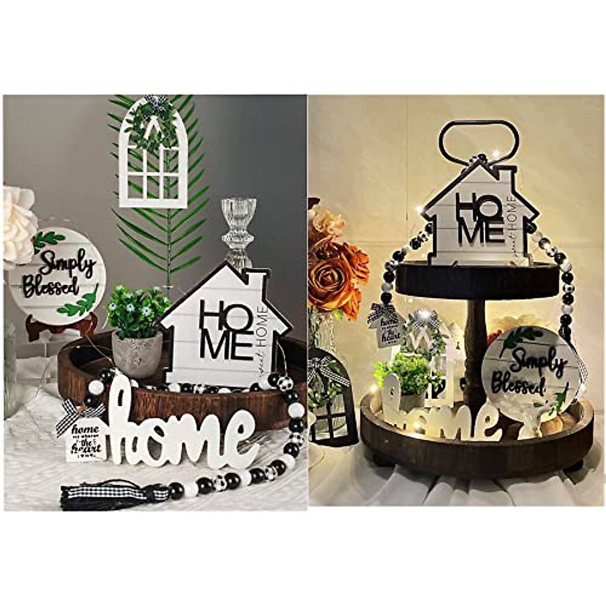 9 Pieces Farmhouse Tiered Tray Decor Set, Simply Blessed Home Wooden Sign with Mini Artificial Plant for Kitchen Decor, Rustic Table Ornaments