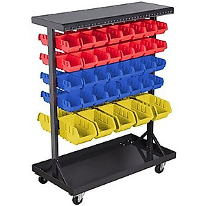Mobile Double-Sided Floor Rack 36 x 12 x 45 with 74 Bins and Non-Marking Swivel Casters