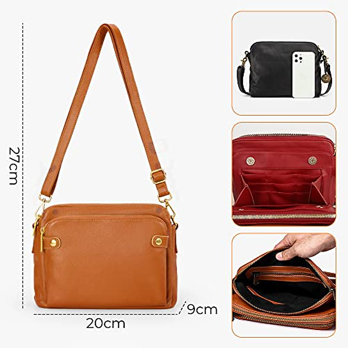 Crossbody Leather Shoulder Bags and Clutches, 2023 New Three-Layer Leather Adjustable Strap Clutch Bags for Women (Red)