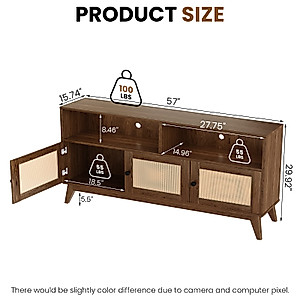 AWQM TV Stand for Living Room, Mid Century Modern TV Console, Rattan Entertainment Center with Storage and Open Shelves, Walnut