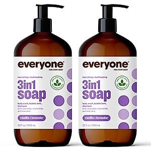 Everyone 3-in-1 Soap, Body Wash, Bubble Bath, Shampoo, 32 Ounce, Vanilla and Lavender, Coconut Cleanser with Plant Extracts and Pure Essential Oils (Pack of 2)