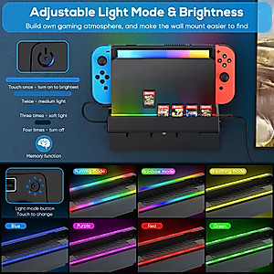 RGB Switch Wall Mount Kit for Nintendo Switch and OLED, Switch Dock Console Holder Stand, Switch Accessories with 7 Light Modes, 7 Card Slots, 4 Joy Con Hangers, 2 USB Ports, Behind TV, Graphite Black