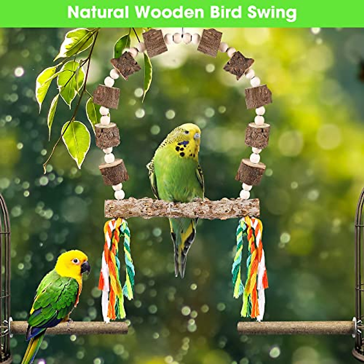 PRAZONVEE Bird Swing 7.8", Bird Perch Stand, Natural Wood Cage Accessories, Hanging Swing Bird Toys Suitable for Parrotlets Budgies Cockatiels Parakeets Lovebirds