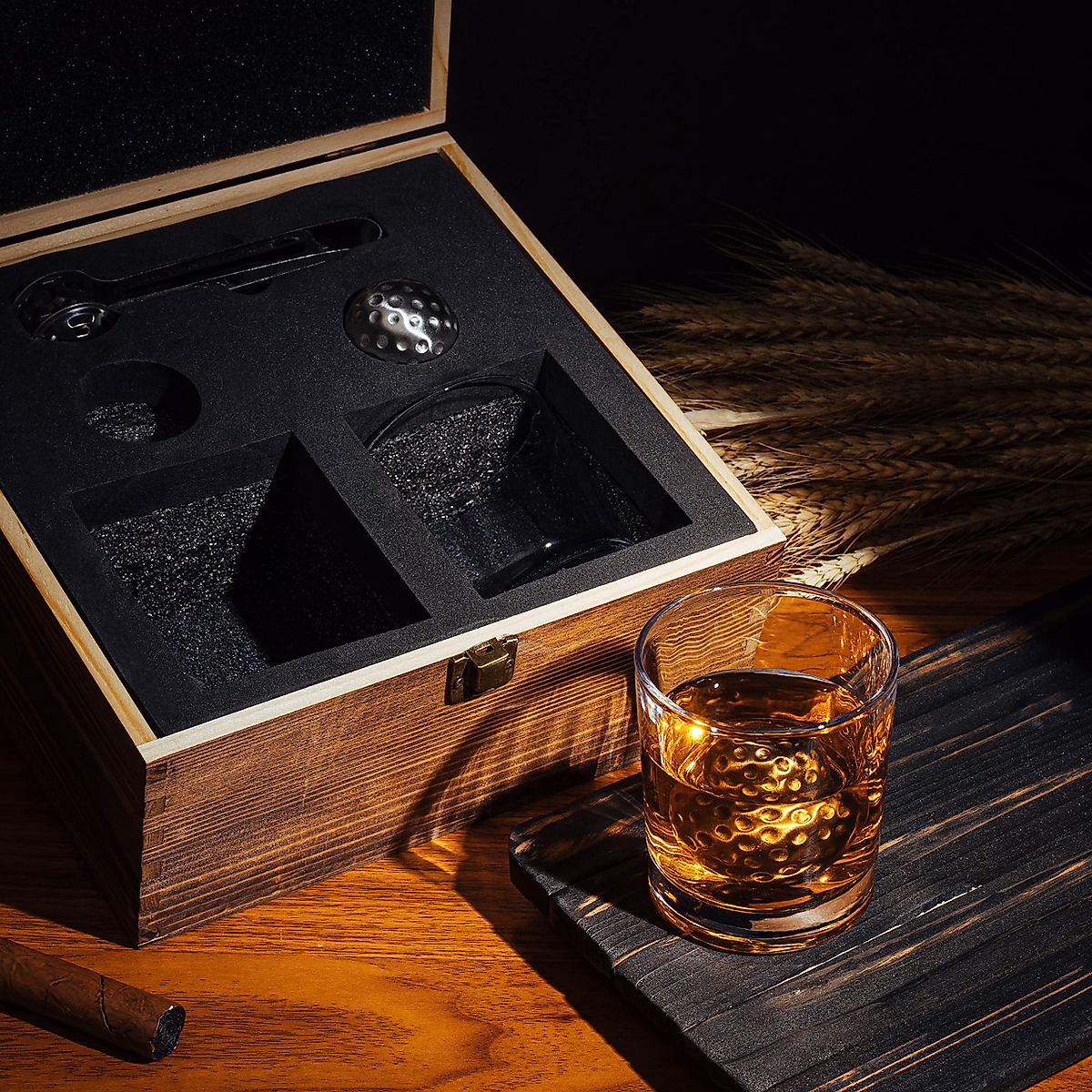 Luxurious Bar Gift Set - Golf Whiskey Glasses - Golf Ball Chillers - Tongs - Set in Premium Wood Box by The Wine Savant - Unique Whiskey Glass Set - Golf Gifts, Golfer Gifts, Gifts for Golf Lovers