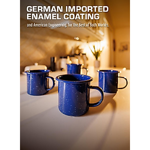 COLETTI Classic Camping Coffee Pot & Enamel Mug Set — Percolator Coffee Pot, Enamel Coffee Mug – Complete Nostalgic Bundle – German Imported Enamel Powder [12 oz, Set of 4] (Blue)