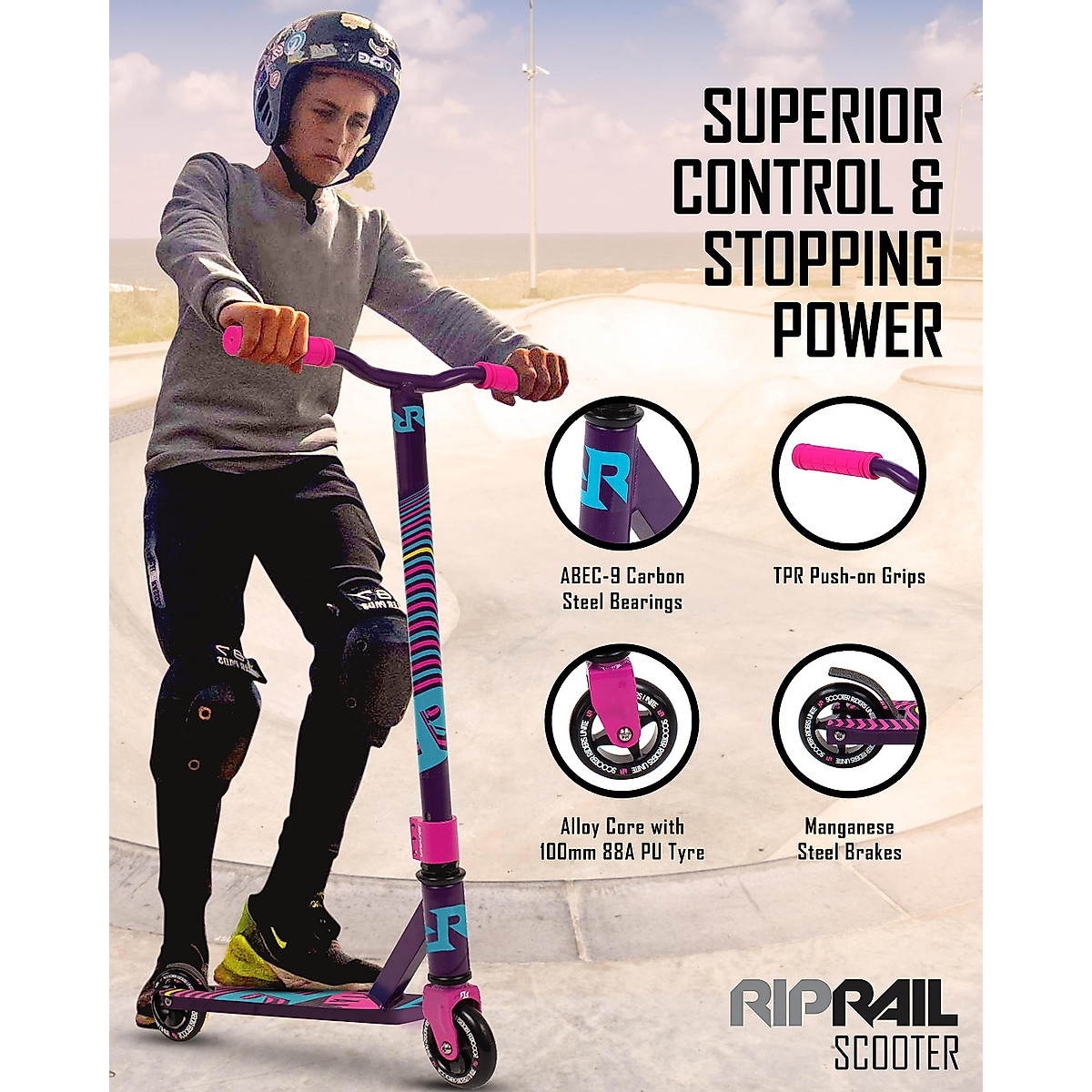 Riprail Matte Stunt Scooter for Skatepark. Pro Scooter for Kids 43" Inches and Up. Unisex Trick Scooter for All Skill Levels. Performance BMX Scooter for Beginner or Professional - Purple Haze