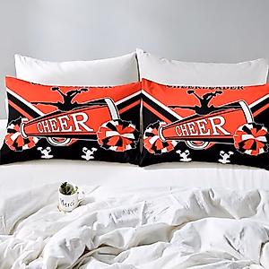 Erosebridal Cute Cheerleader Bedding Full Size Black and Red Duvet Cover, Cheerleading Comforter Cover Dancer Theme Bed Set, Cheerleading Dance Quilt Cover for Girls Bedroom Decor