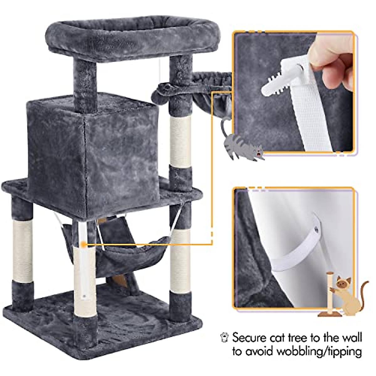 Yaheetech Cat Tree Cat Tower, 40-Inch Cat Condo with Oversized Soft Platform, Scratching Board, Basket and Hammock, Cat Furniture for Kittens Cats Pets, Dark Gray
