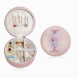 Travel Jewelry Case Travel Portable Personalized Pink Flower Jewelry Box for Necklace Earring Ring Organizer Storage Holder Boxes Accessory Unique Birthday Gifts for Women Teen Girls Initial I