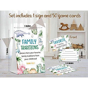 Baby Shower Games Family Traditions Sign, 1 Standing Sign and 50 Cards, Green Leaf Dinosaur Gender Neutral Decoration, Gender Reveal Party, Bridal Shower Favor Supplies-LT54