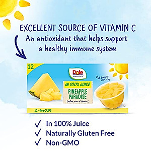 Dole Pineapple Paradise Pineapple Tidbits in a Blend of 100% Fruit Juices Snacks, 4oz 12 Total Cups, Gluten & Dairy Free, Bulk Lunch Snacks for Kids & Adults