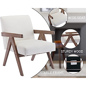 Kmax Beige Accent Chair Linen Fabric Mid Century Modern Living Room Chair Wood Frame for Guest Room Bedroom Reading Leisure Comfy