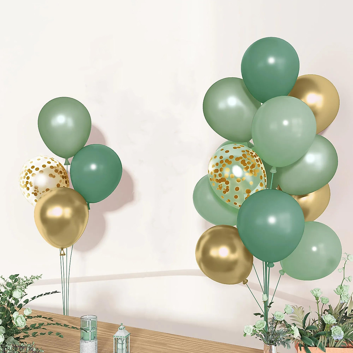 72Pcs Sage Green Balloons Set, Green Latex Balloon with 12inch 5inch Pearl Green Balloons Metallic Gold Balloons Light Olive Green Coffetti Balloons for Baby Shower Birthday Wedding Party Decorations