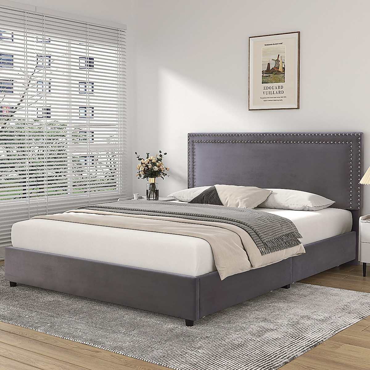VECELO Queen Size Upholstered Platform Bed Frame with 4 Storage Drawers, Adjustable Velvet Rivets Headboard, Wooden Slats Support, No Box Spring Needed, Easy Assembly