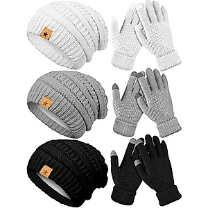 6 Pcs Winter Hats Gloves Set, 3 Pcs Winter Knitted Hats and 3 Pairs Warm Touchscreen Gloves for Women and Men Outdoor (Black, Gray, White)